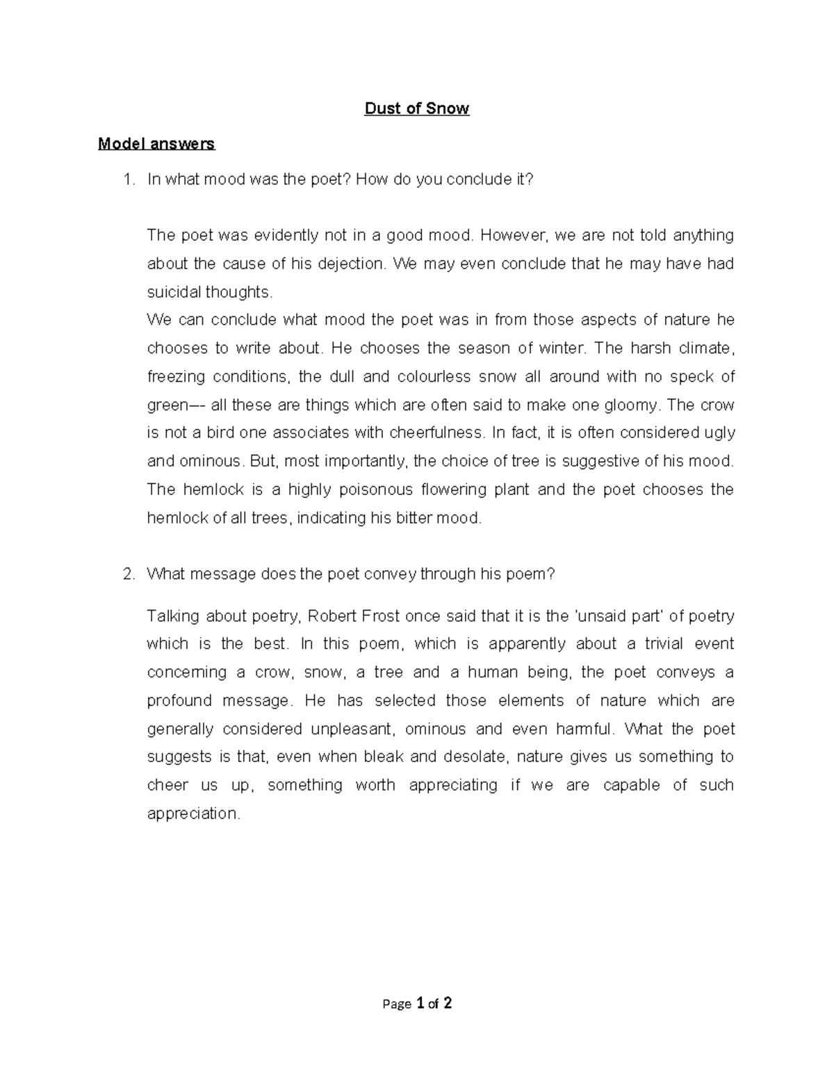 Class 10 English: Dust of Snow Poem Analysis Assignment - Studocu