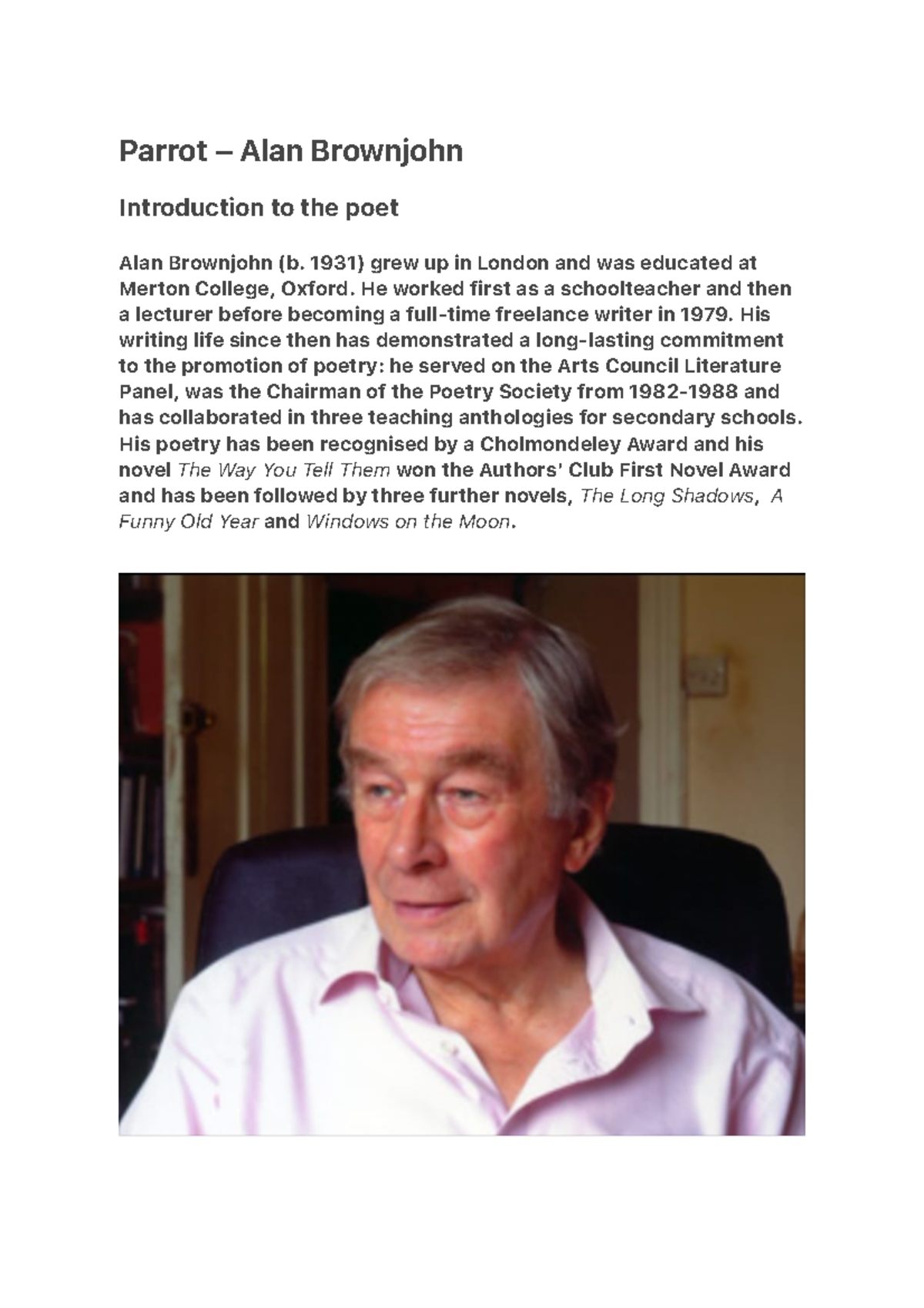 Parrot – Alan Brownjohn - Parrot – Alan Brownjohn Introduction to the ...