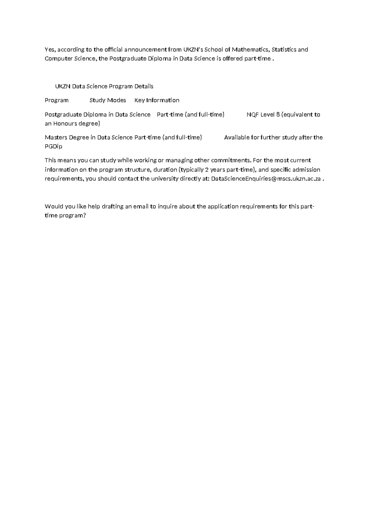 UKZN Data Science Program Overview and Application Inquiry - Studocu