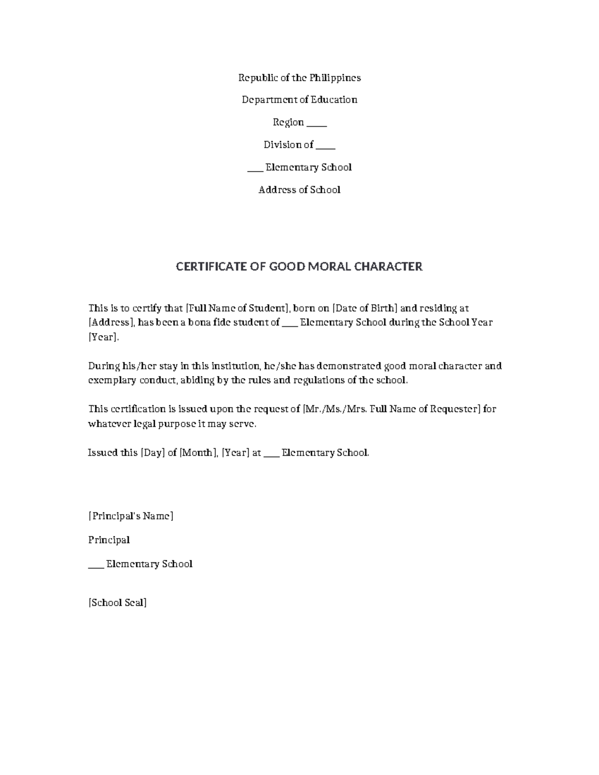 Certificate of Good Moral Character Template - Republic of the ...