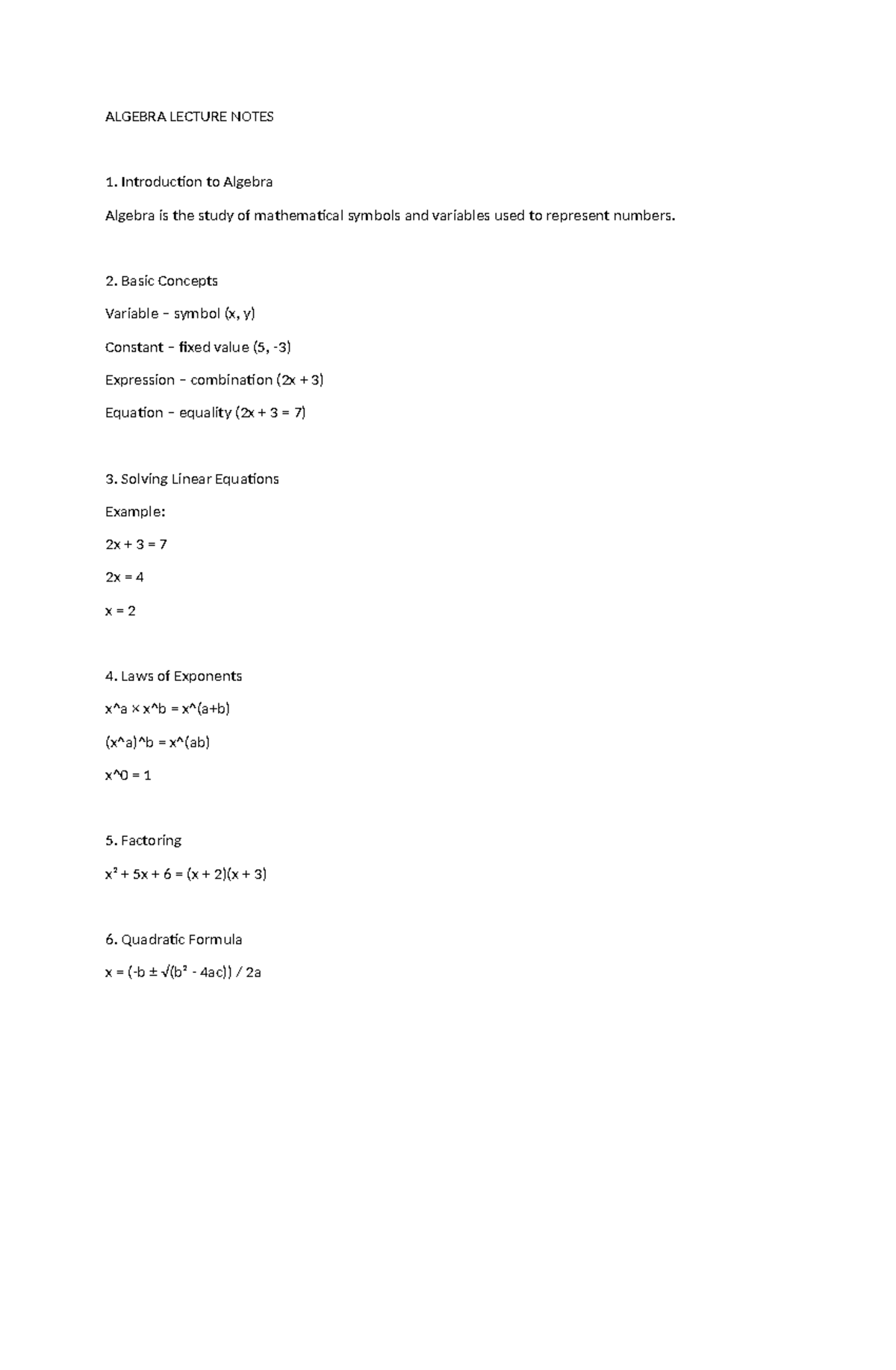 Algebra L1 - ALGEBRA LECTURE NOTES Introduction to Algebra Algebra is ...