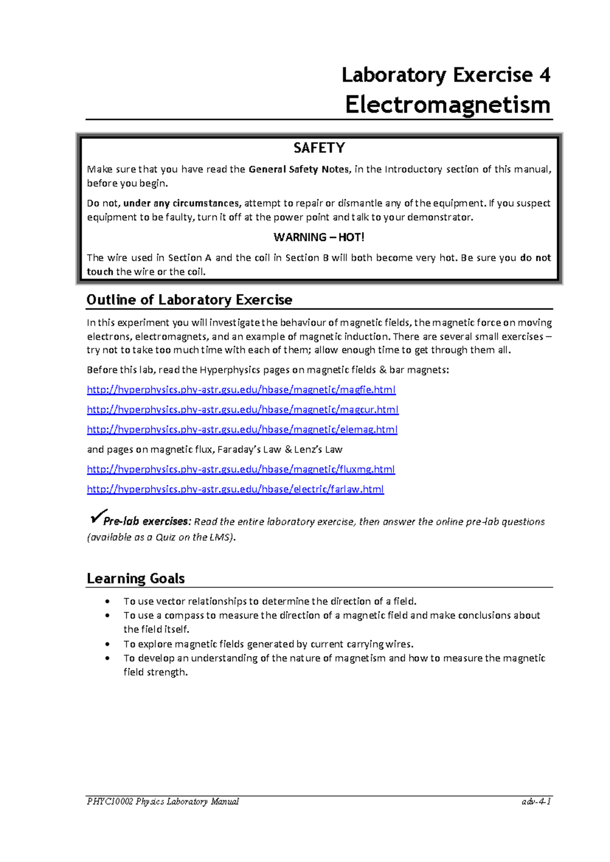 Laboratory Exercise 4: Electromagnetism Safety & Procedures (Adv 2 4 ...