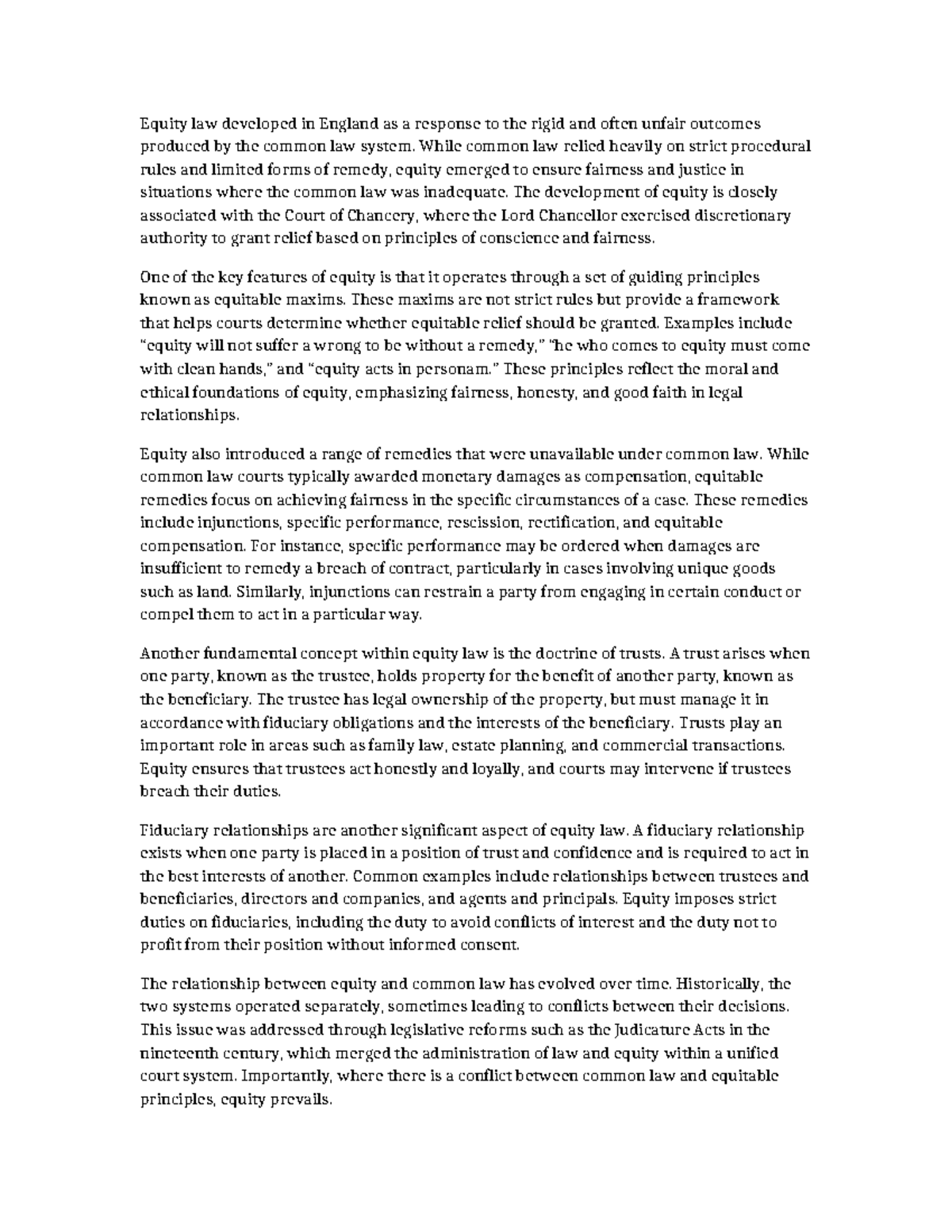 Equity Law 500 Words - Lecture Notes on Common Law Response - Studocu