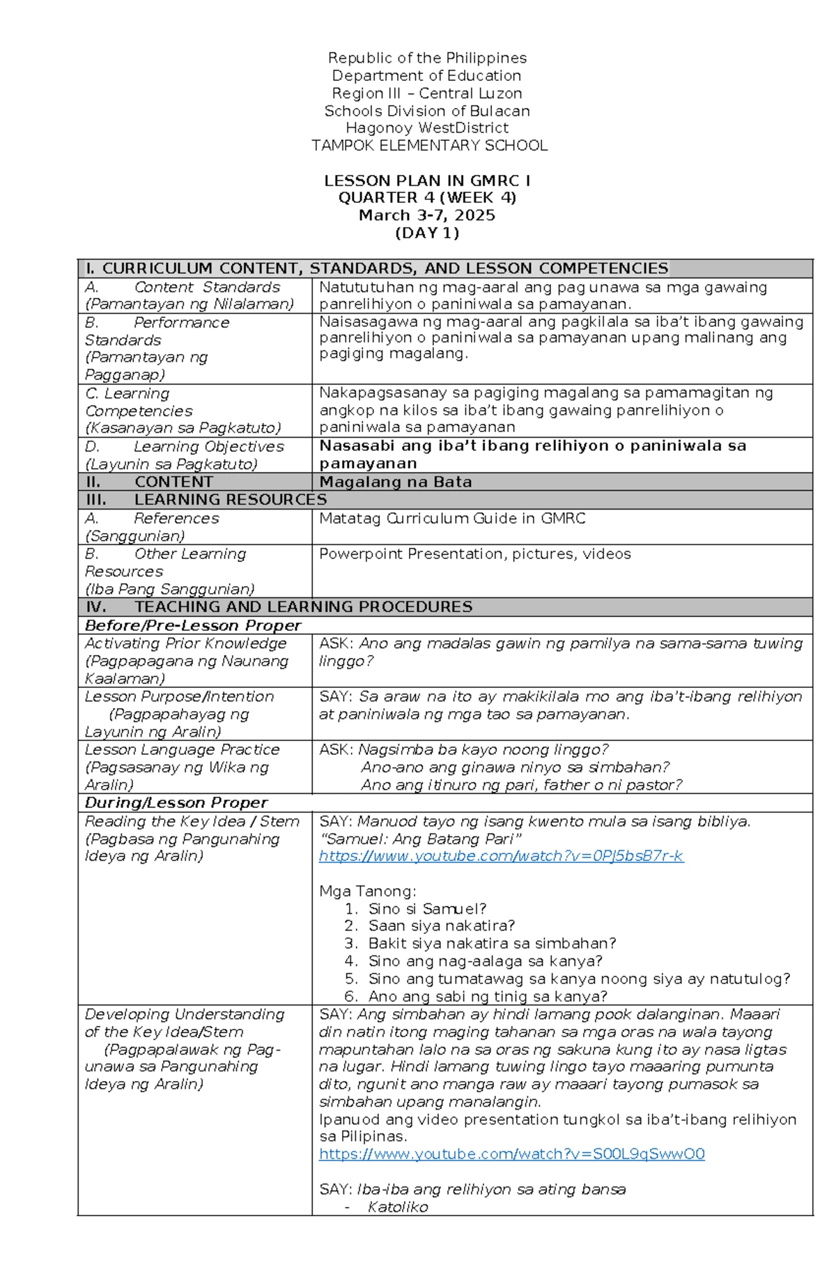 Q3-LE-Matatag WEEK 6 GMRC Lesson Plan and Activities - Studocu
