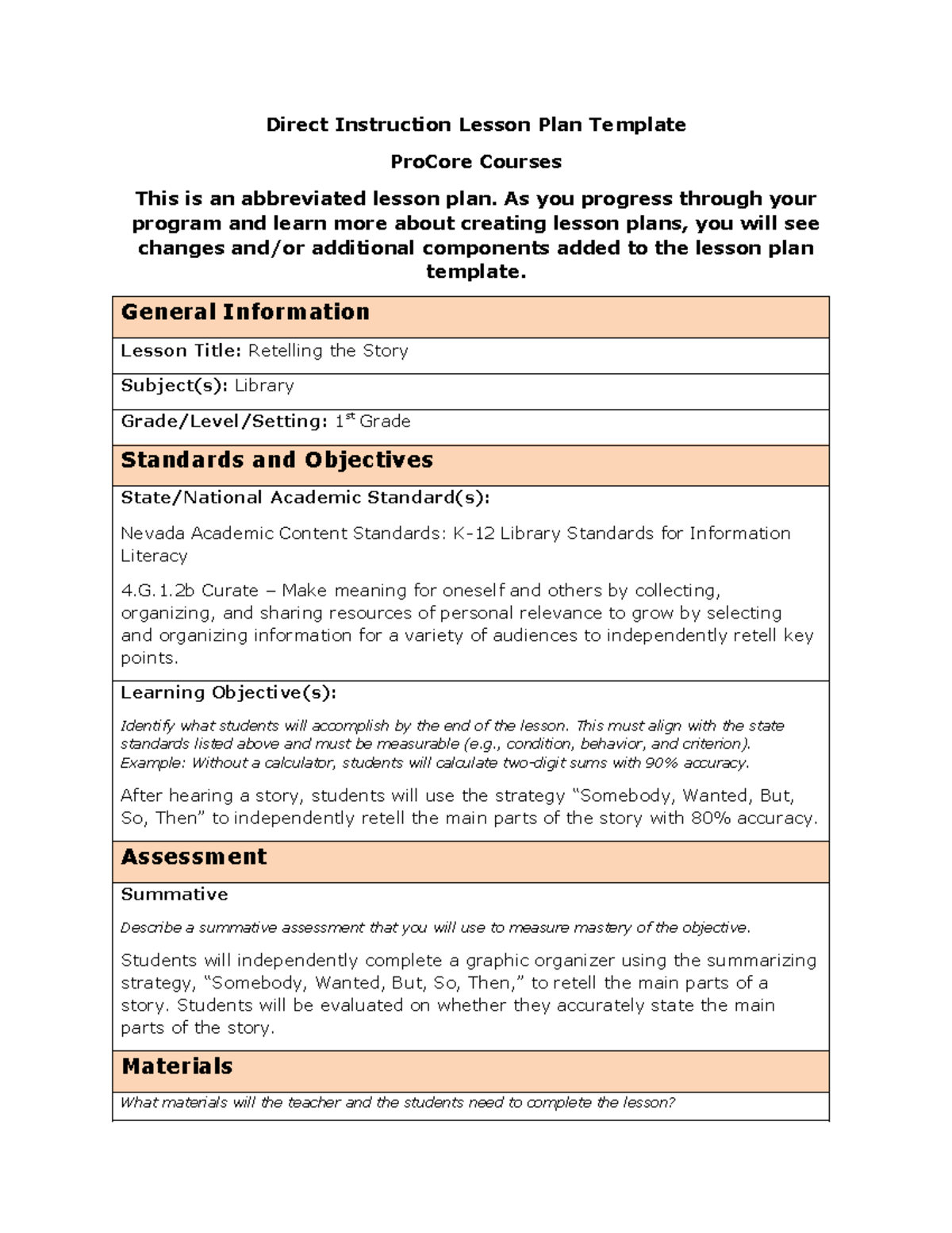 Direct Instruction Lesson Plan: Retelling Stories in Library 1st Grade ...