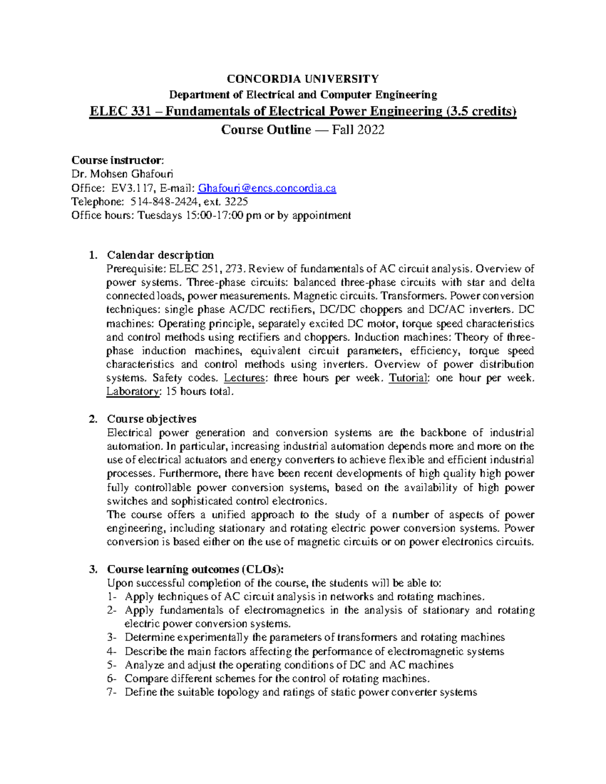ELEC331 Course Outline Fall 2022 - CONCORDIA UNIVERSITY Department of ...
