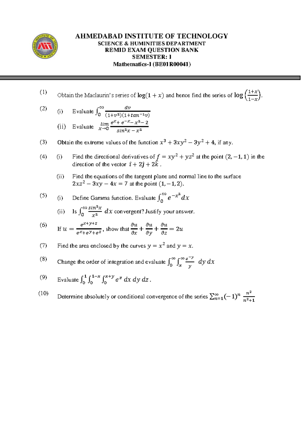 Maths-I Remedial Exam Question Bank [2025] - Studocu