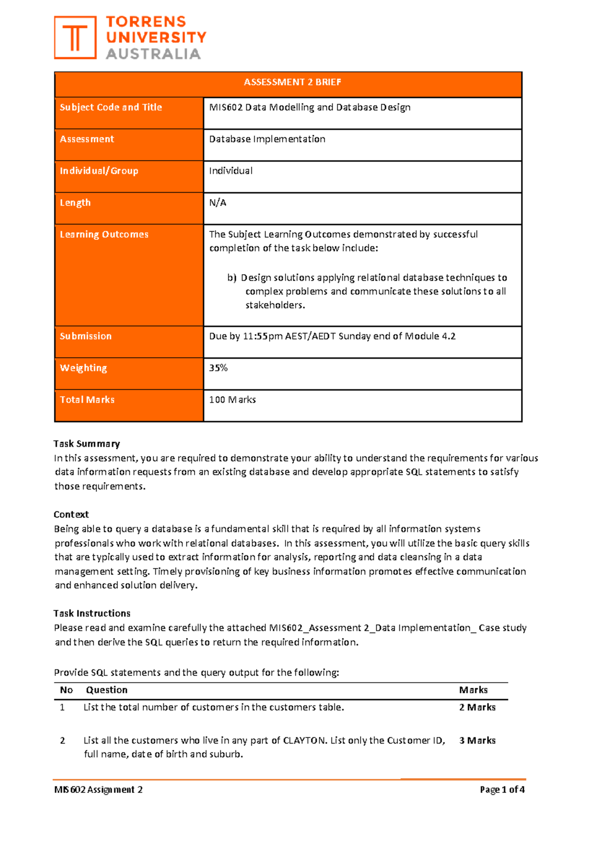 MIS602 Assessment 2: SQL Queries for Database Implementation - Studocu