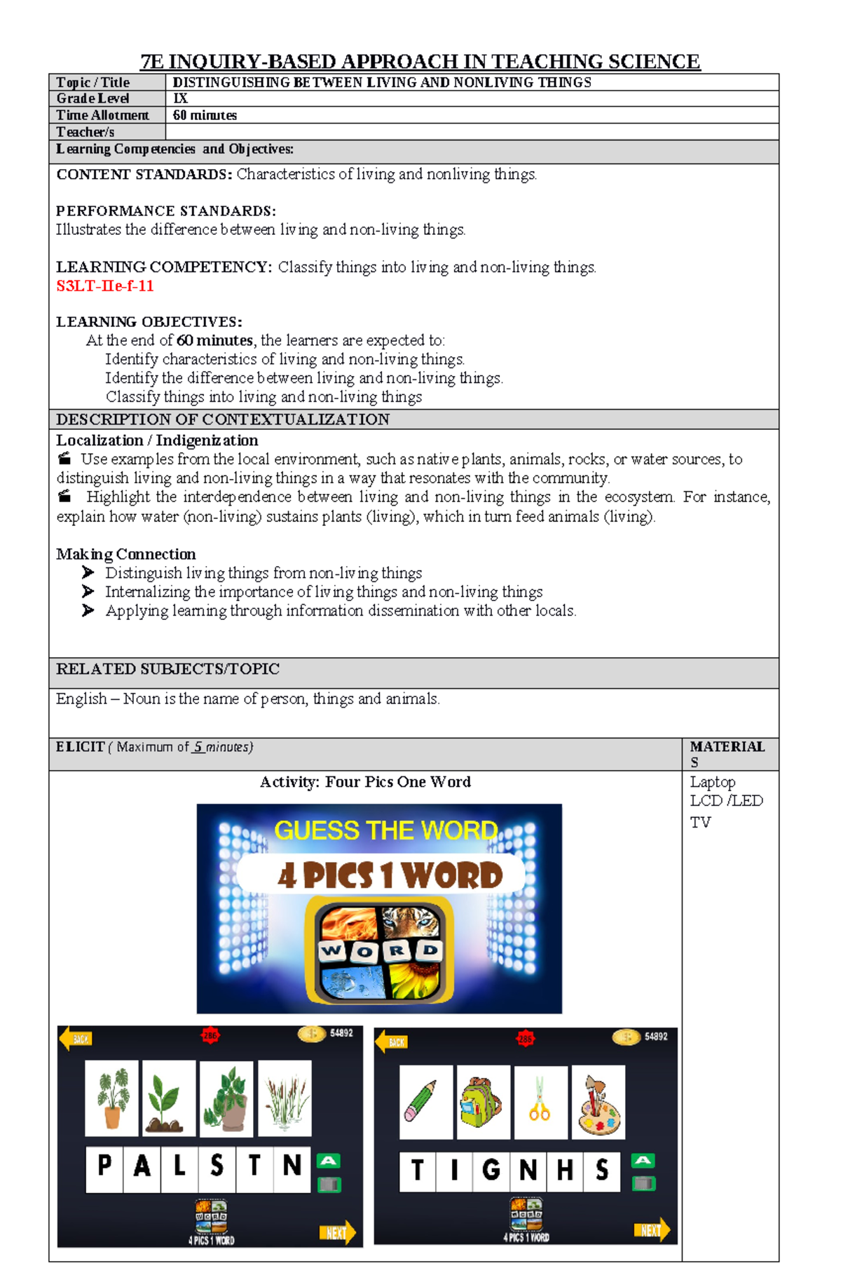 Living Things AND NON Living Things - 7E INQUIRY-BASED APPROACH IN ...
