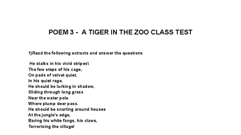 POEM 3 - A Tiger in the Zoo: Class Test Analysis - Studocu