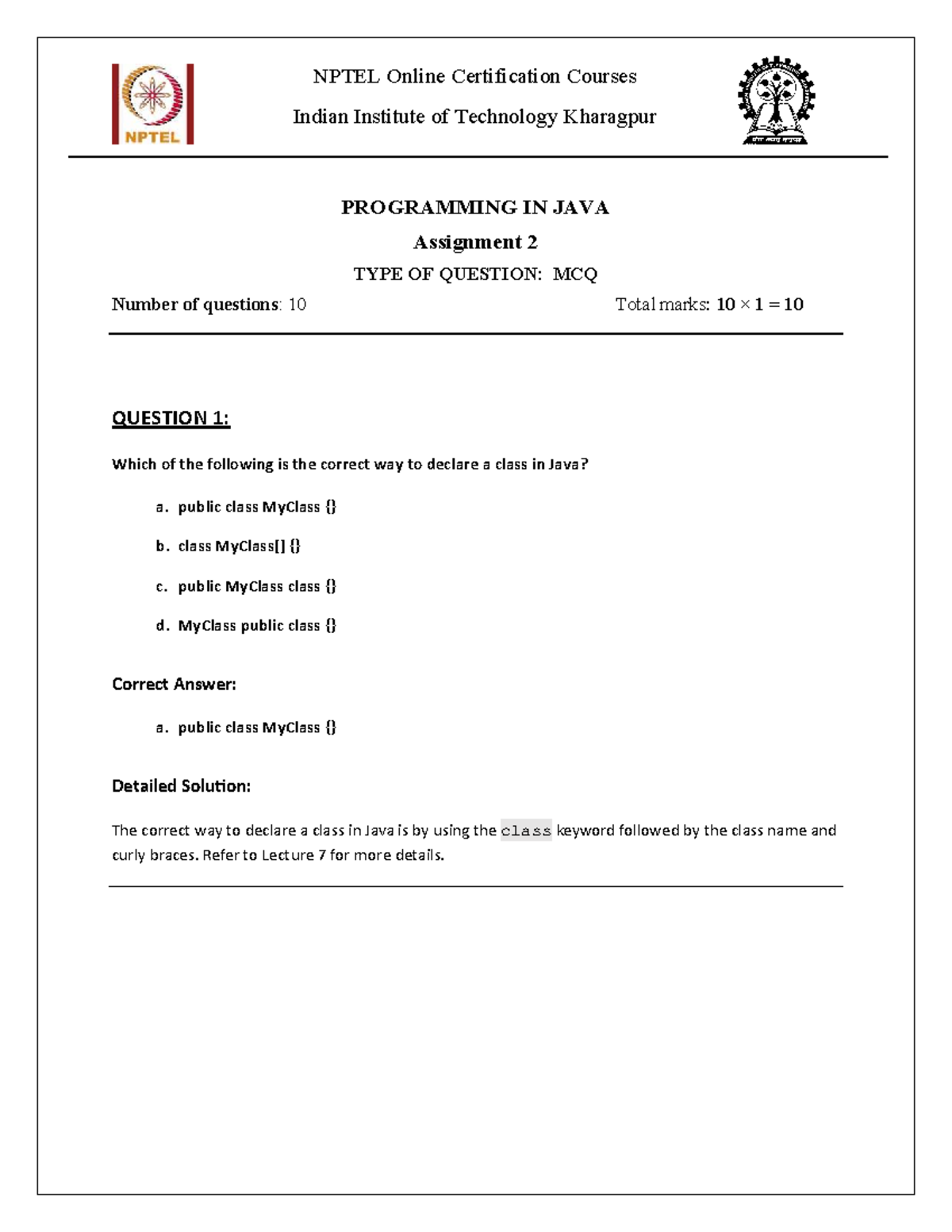 24A - W02 - Java Programming MCQ Assignment 2 - Studocu