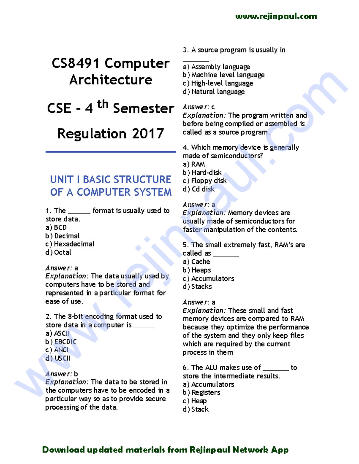 Cs8491 Computer Architecture Mcq Study Guide For Cse 4th Sem 2017 Studocu