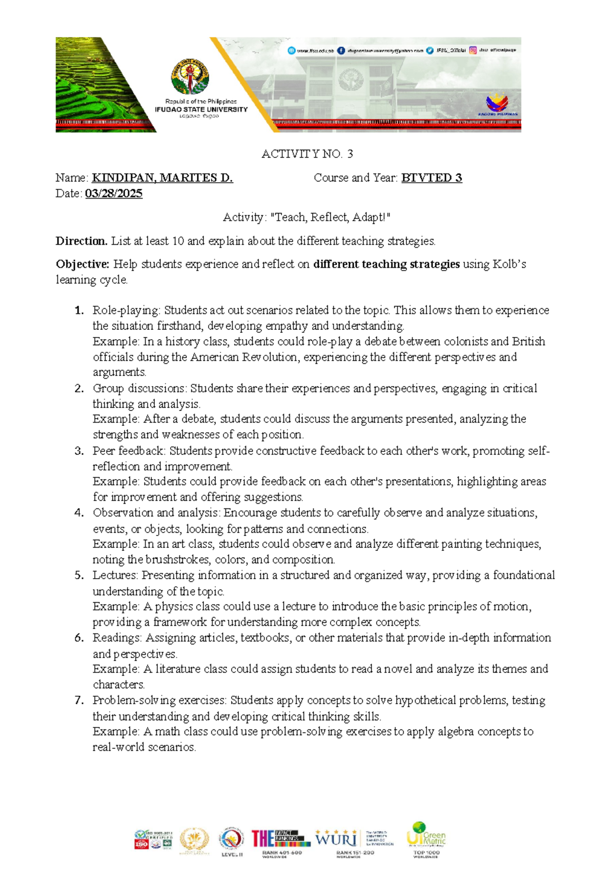 ACT. 3 ASL - Teaching Strategies Reflection & Analysis for BTVTED 3 ...