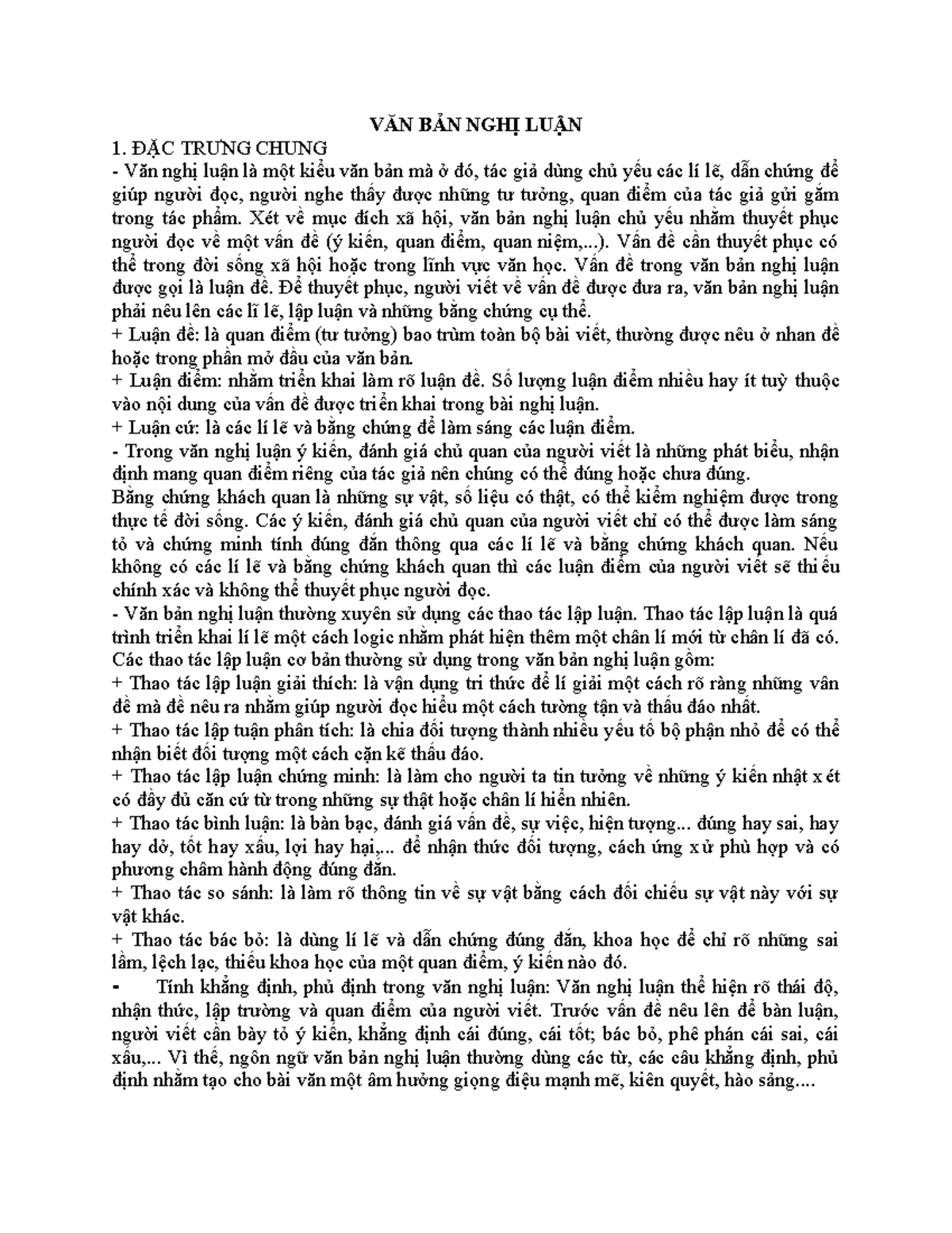 VBNL - VBTT - sadsadas - VĂN BẢN NGHỊ LUẬN 1. ĐẶC TRƯNG CHUNG Văn nghị ...