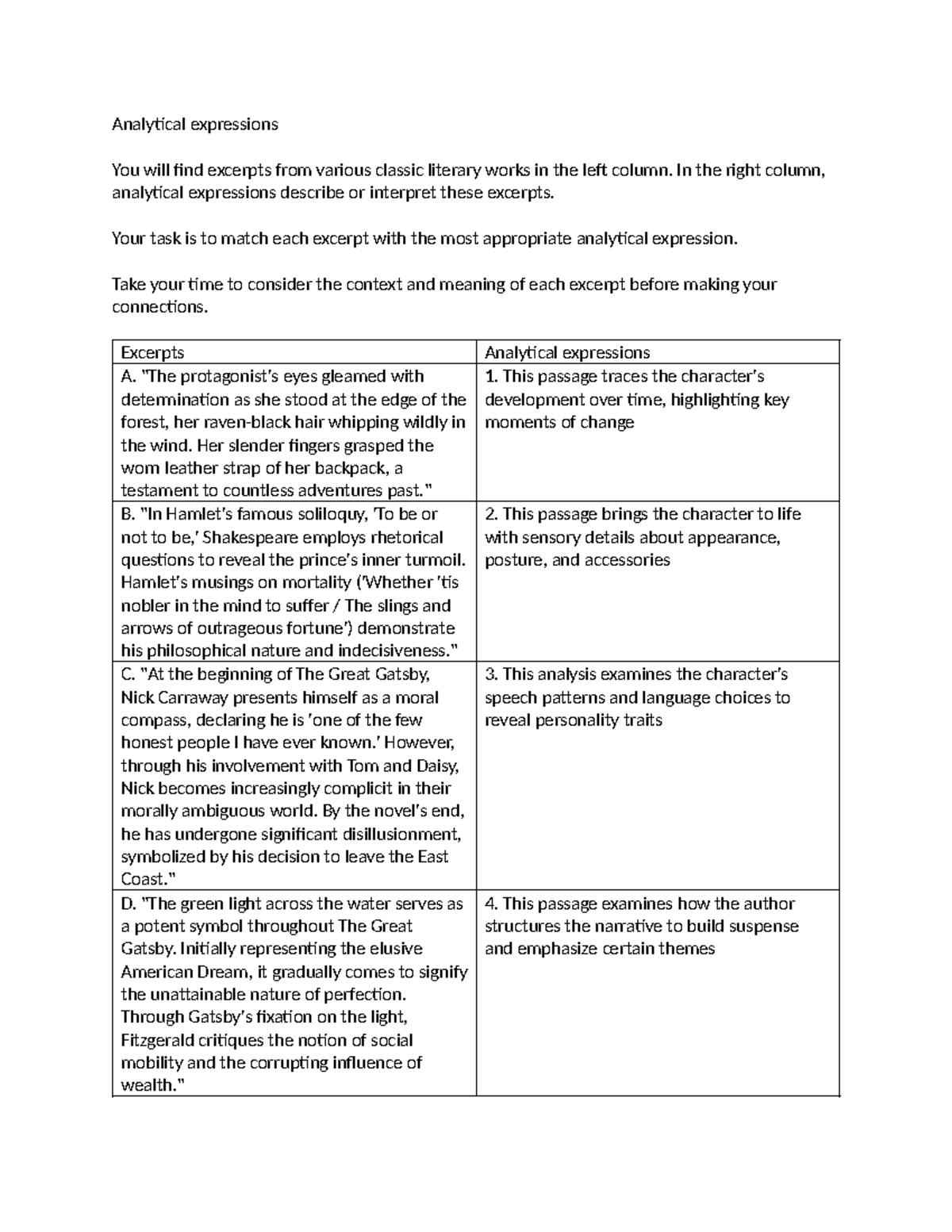 Analytical Expressions for Literary Excerpts: A Study Guide - Studocu