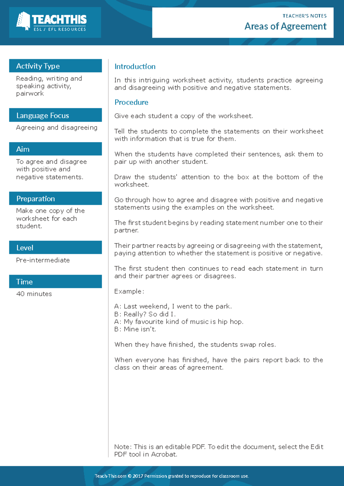 ESL EFL Activity: Areas of Agreement Worksheet - Studocu