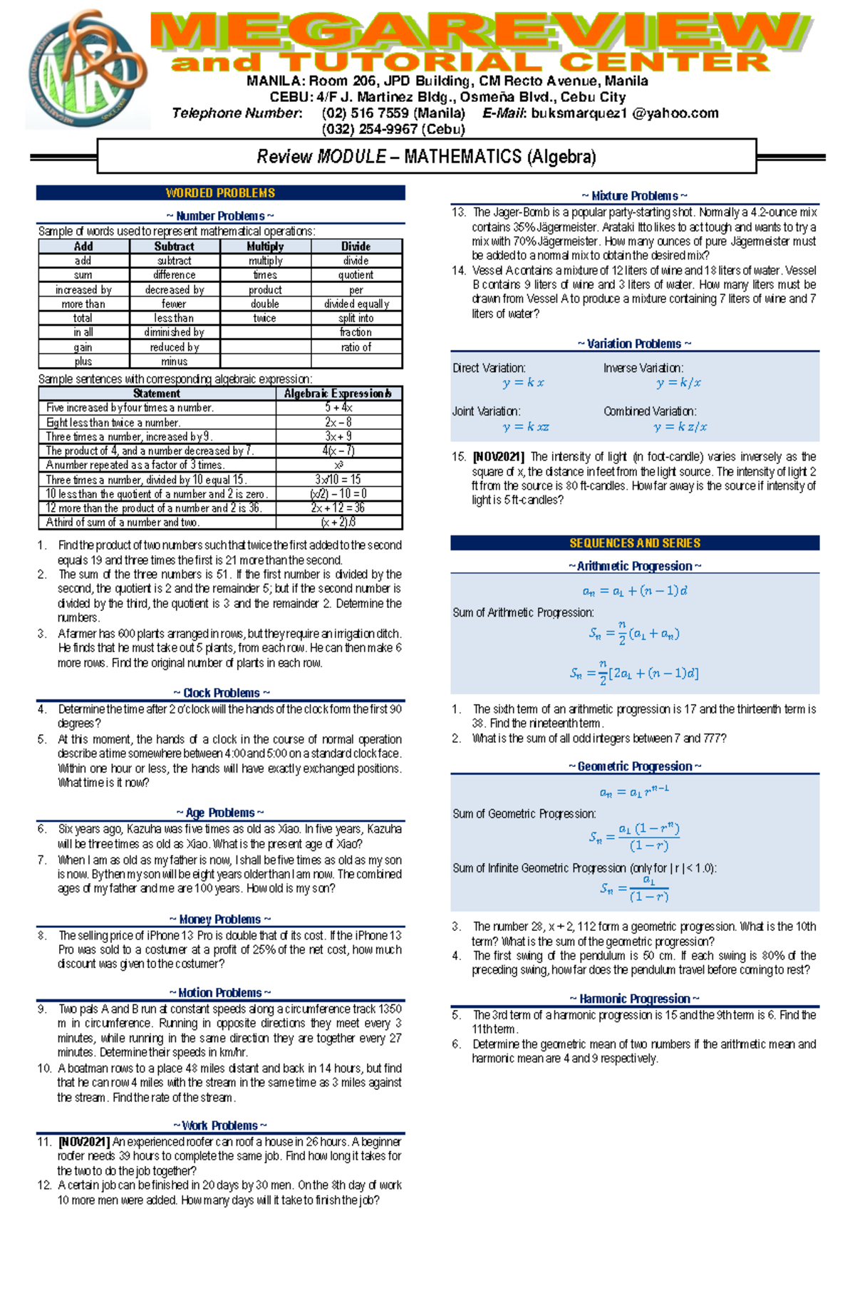 Review Module 01 - Algebra: Worded Problems & Solutions - Studocu