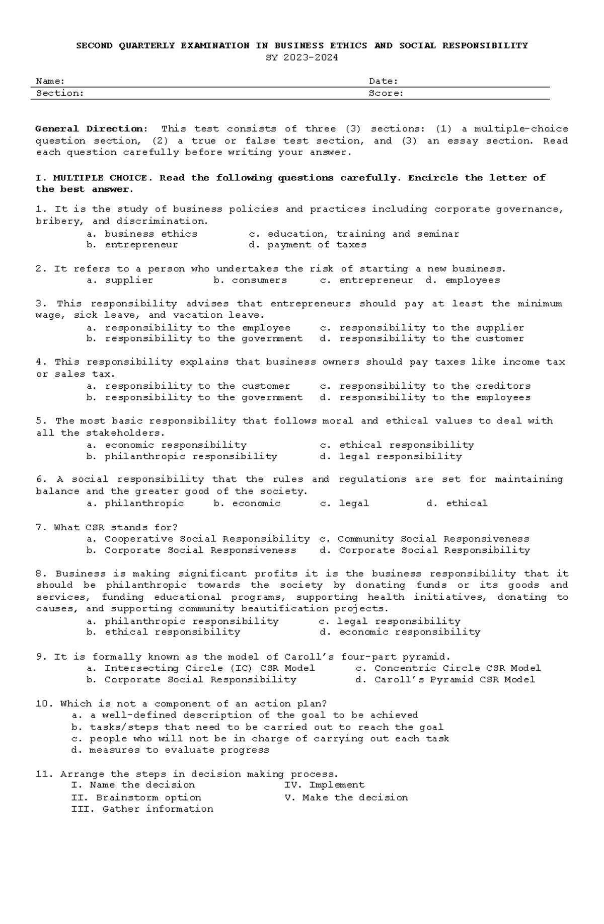 Q4 Business Ethics & Social Responsibility: 2nd Quarterly Exam - Studocu