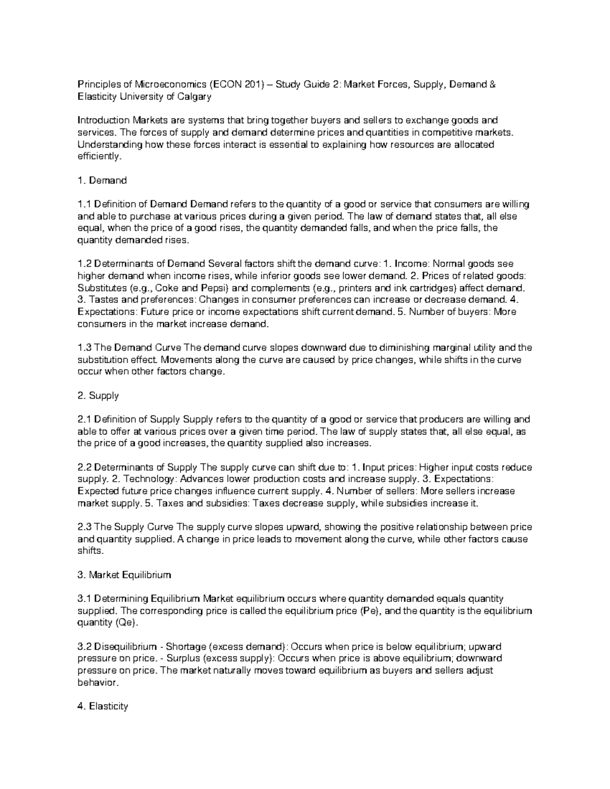 Principles of Microeconomics (ECON 201) Study Guide 2: Market Forces ...