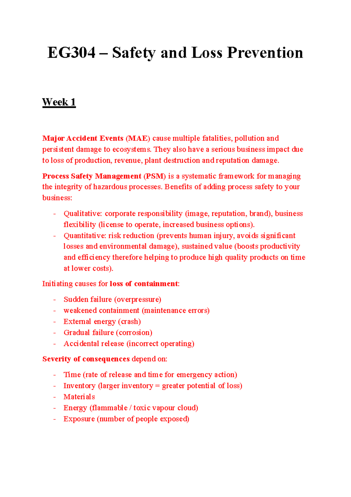EG304 Safety and Loss Prevention: Week 1-9 Overview of Major Accident ...