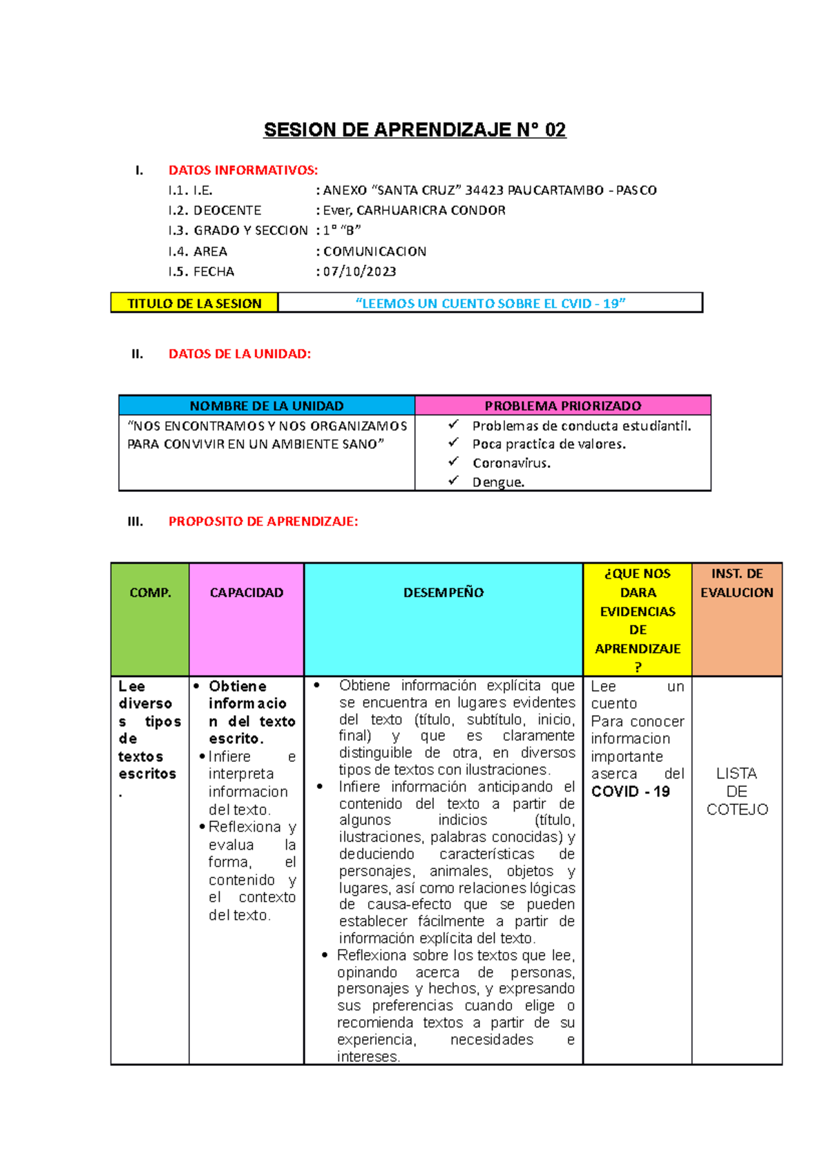 Sesion DE Aprendizajn° 02 ECC - SESION DE APRENDIZAJE N° 02 I. DATOS INFORMATIVOS: I. I. : ANEXO ...