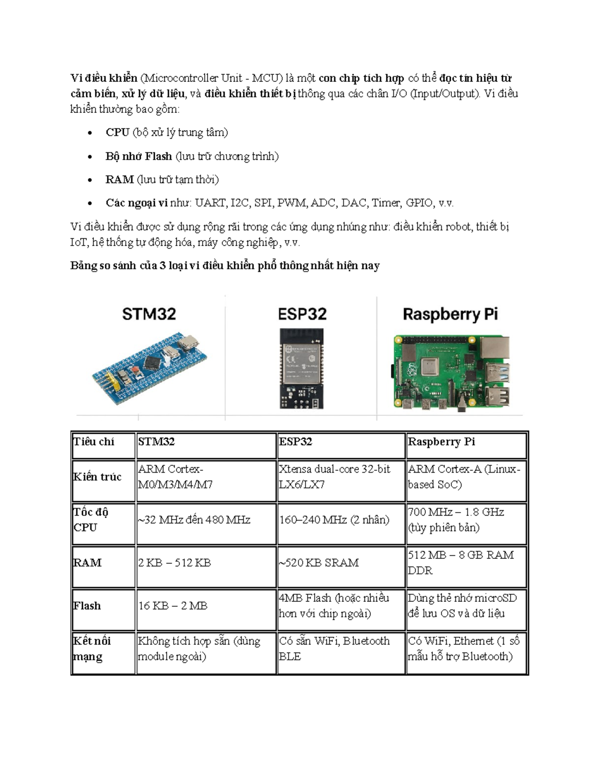 Vi điều khiển MCU: So sánh STM32, ESP32, Raspberry Pi - Studocu