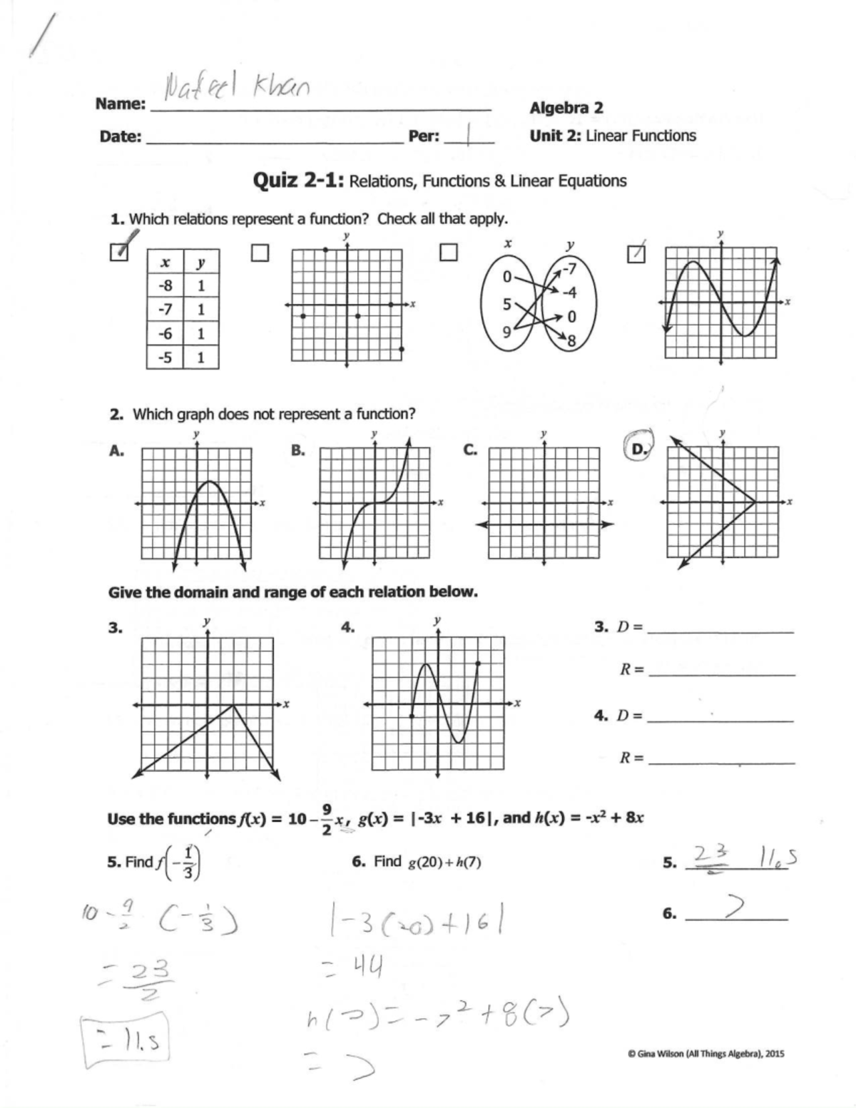 Algebra 2 (Unit 2) Quiz: Linear Functions & Relations - Studocu
