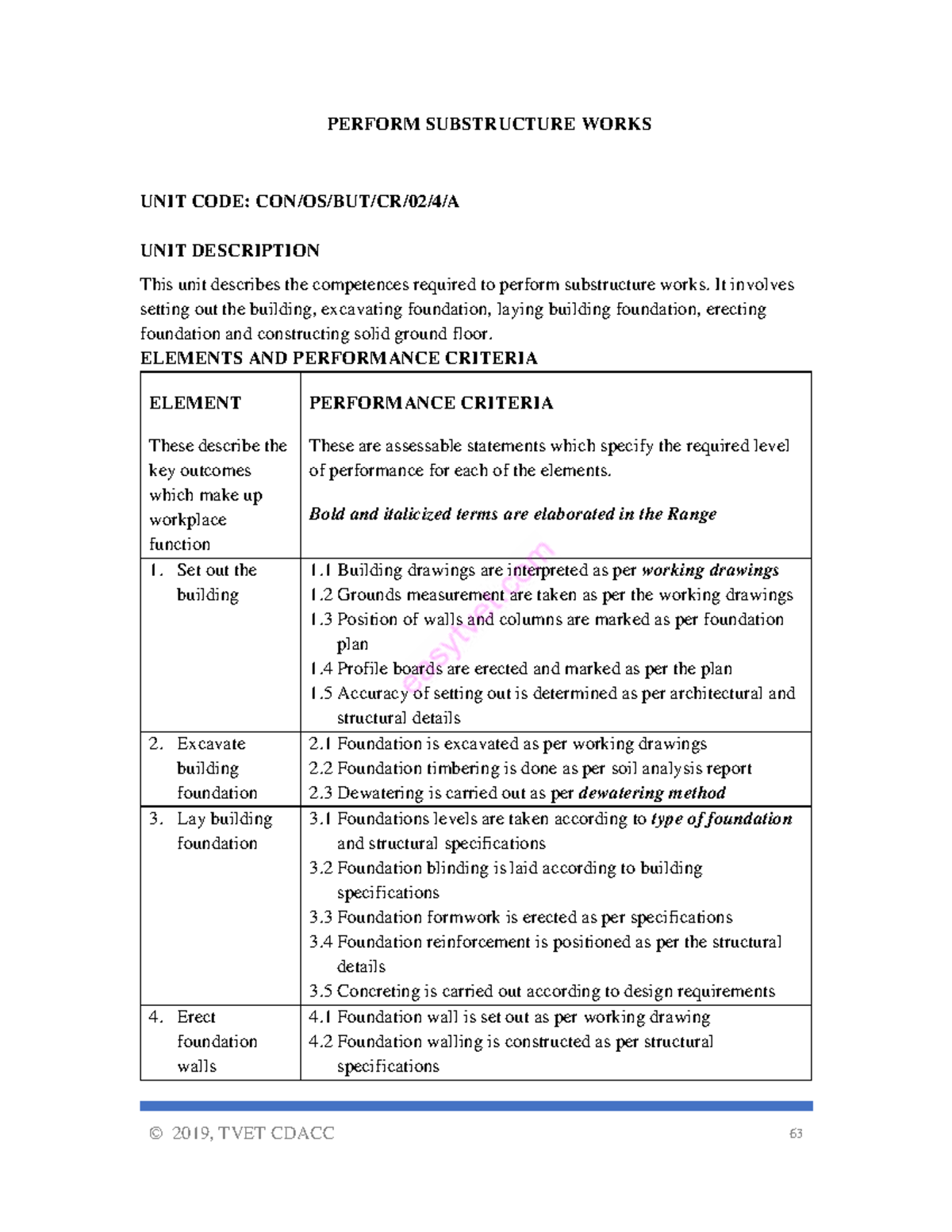 Substructure Works Competency Unit: Detailed Performance Criteria Guide ...