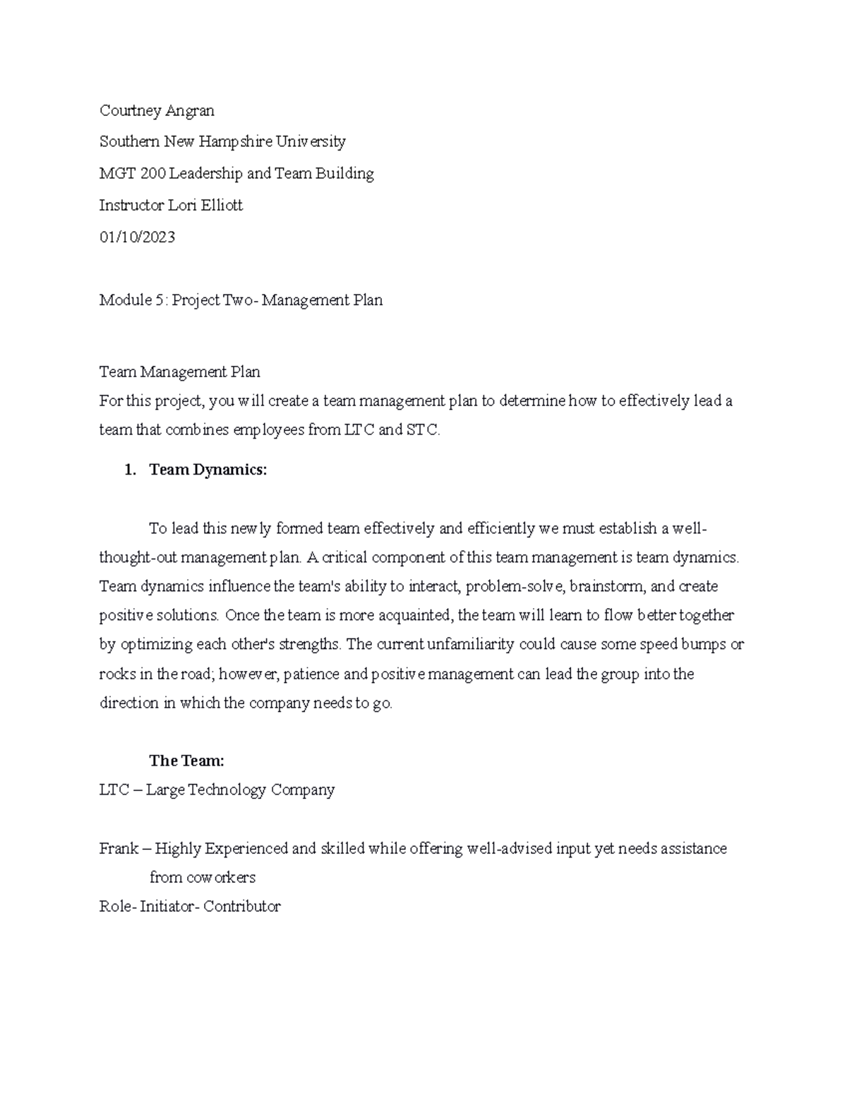 MGT200 Module 5 Project 2 - Team Management Plan for Merging Teams ...