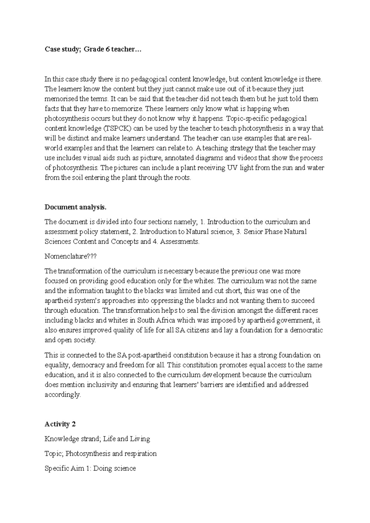 Case Study: Grade 6 Photosynthesis & Curriculum Transformation - Studocu