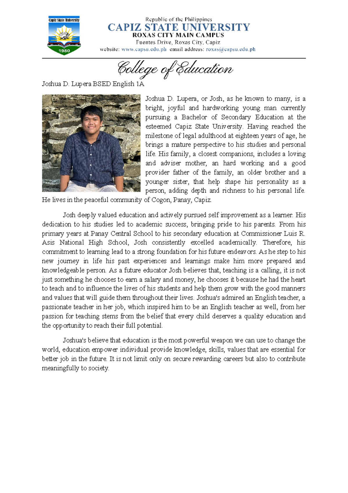 Joshuas-Bionote - Simple introduction about my self - College of ...