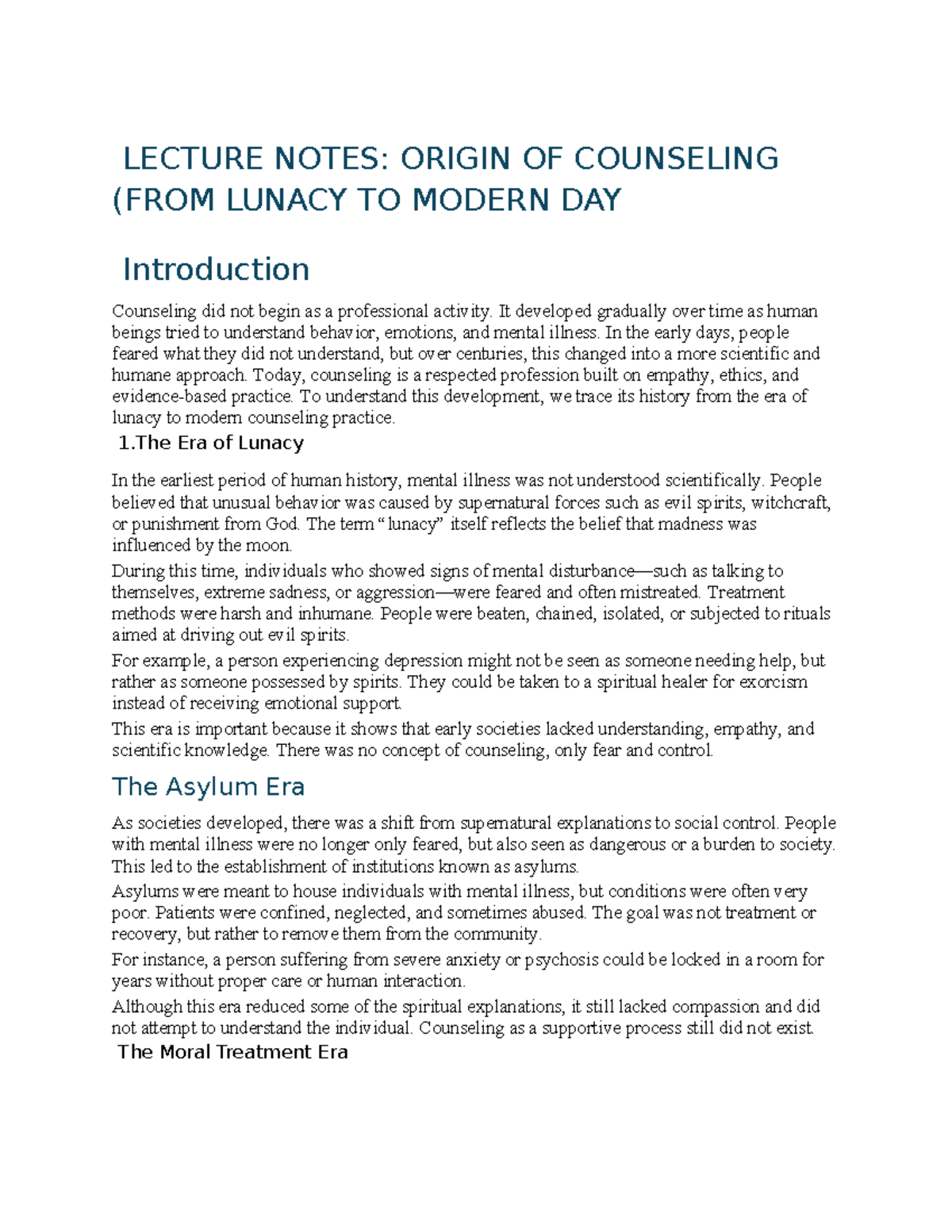 LECTURE NOTES: ORIGIN OF COUNSELING (FROM LUNACY TO MODERN PRACTICE ...