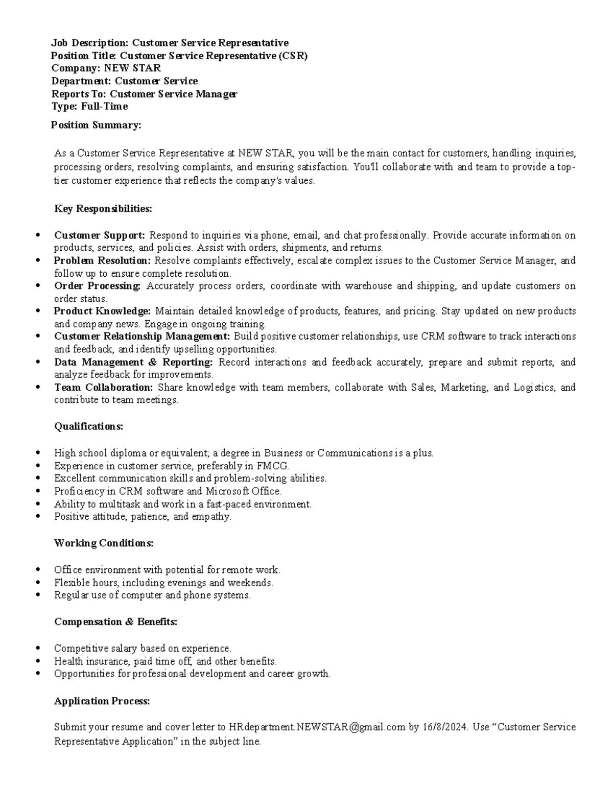 Customer Service Representative Job Description - NEW STAR - Studocu