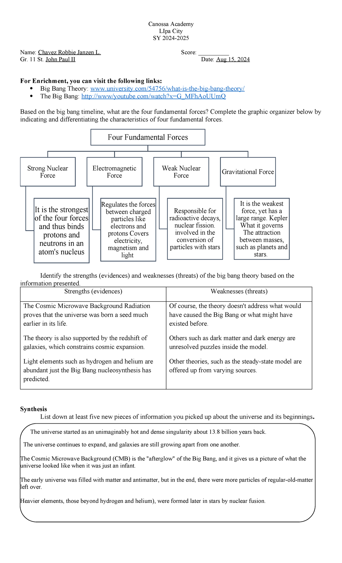Worksheet: Theories on the Origin of the Universe (Gr. 11) - Studocu