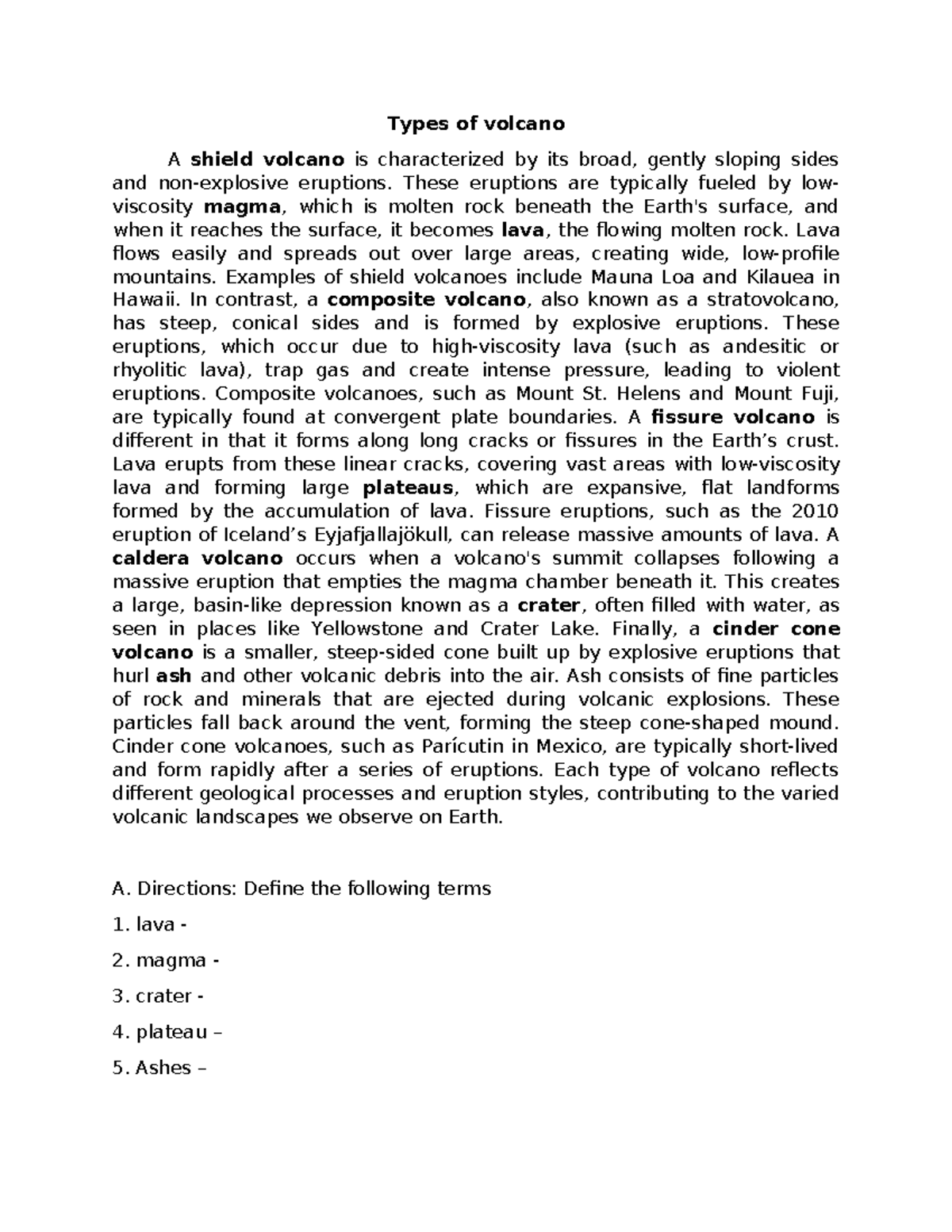 Types of Volcanoes: Shield, Composite, Fissure, and Cinder Cone - Studocu
