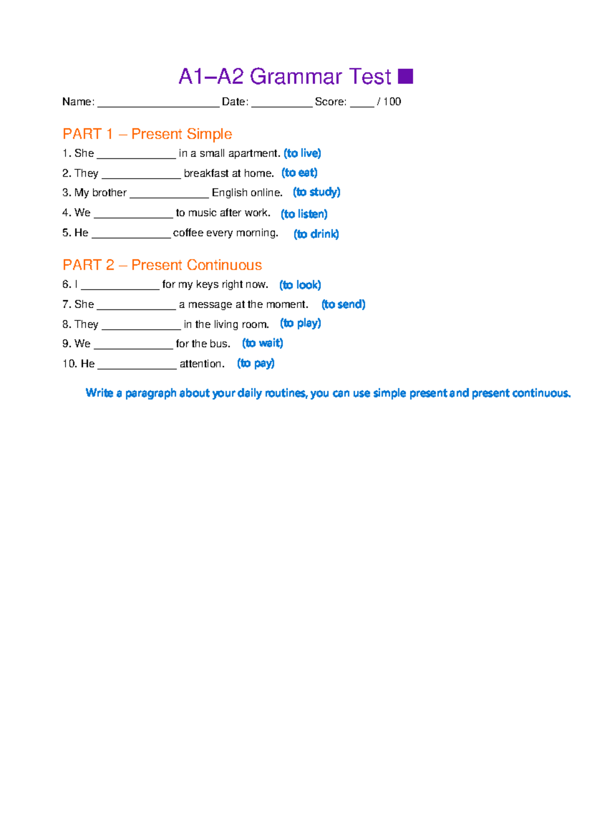 A1 A2 Grammar Test: Engaging Exercises for Mastery - Studocu