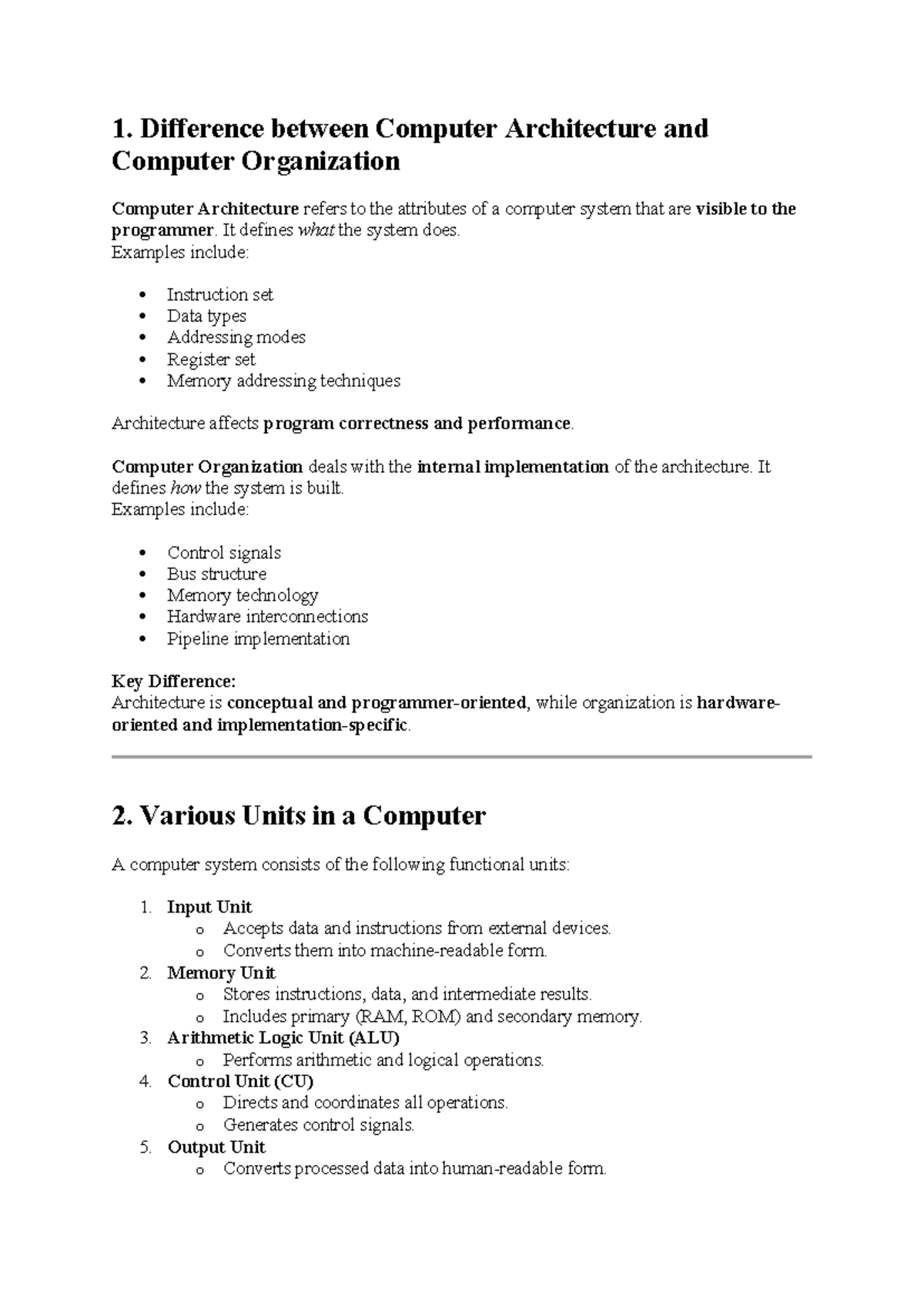 Unit 1 Q&A Notes: Computer Architecture & Organization Concepts - Studocu
