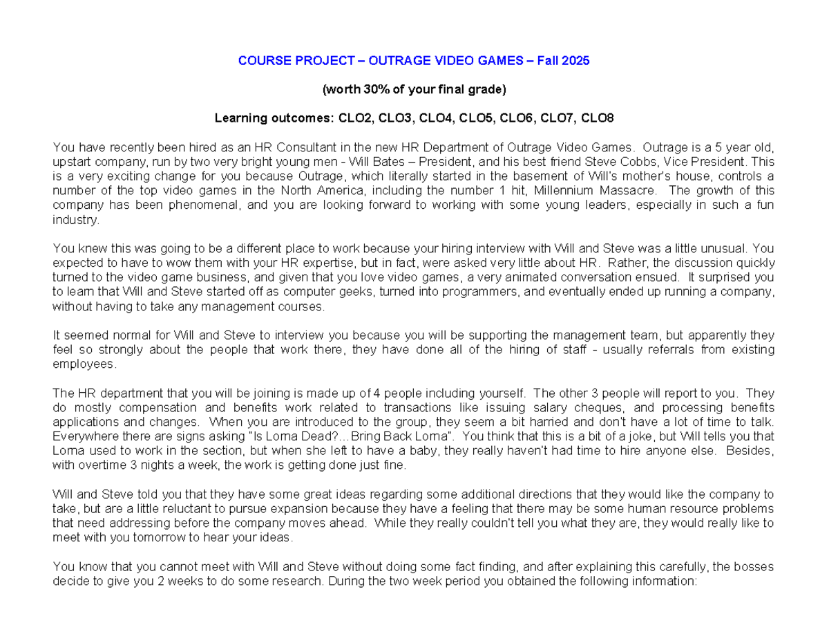 HRM Course Project F25: Addressing HR Challenges at Outrage Video Games ...