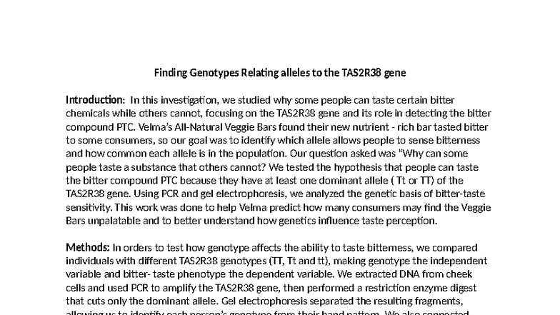TAS2R38 Gene Study: Genotype and Bitter Taste Perception Analysis - Studocu