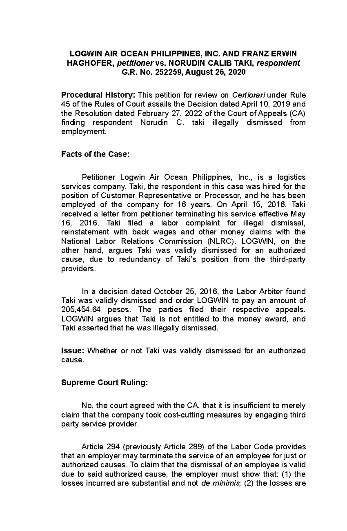 Case Study: Logwin AIR Ocean Philippines vs. Norudin Calib TAKI (G.R. No. 252259) - Studocu