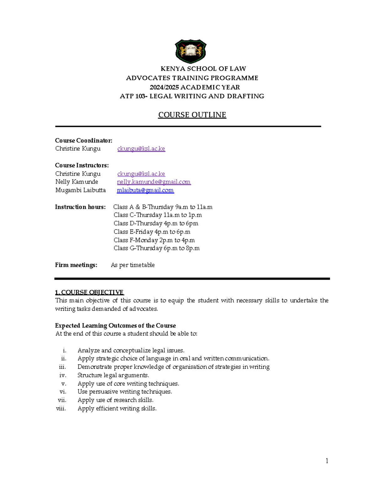 ATP 103 Legal Writing & Drafting Course Outline 2024-2025 - Studocu