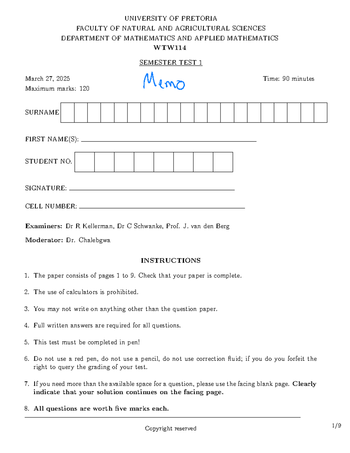 WTW 114 Semester Test 1 Memo 2025 - UNIVERSITY OF PRETORIA FACULTY OF ...