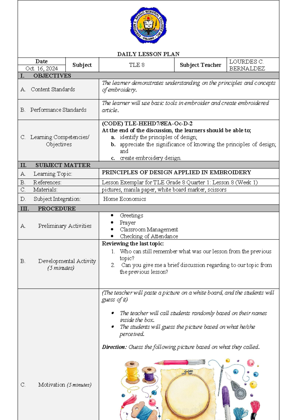 TLE8 Semi-Detailed Lesson Plan: Principles of Design in Embroidery ...