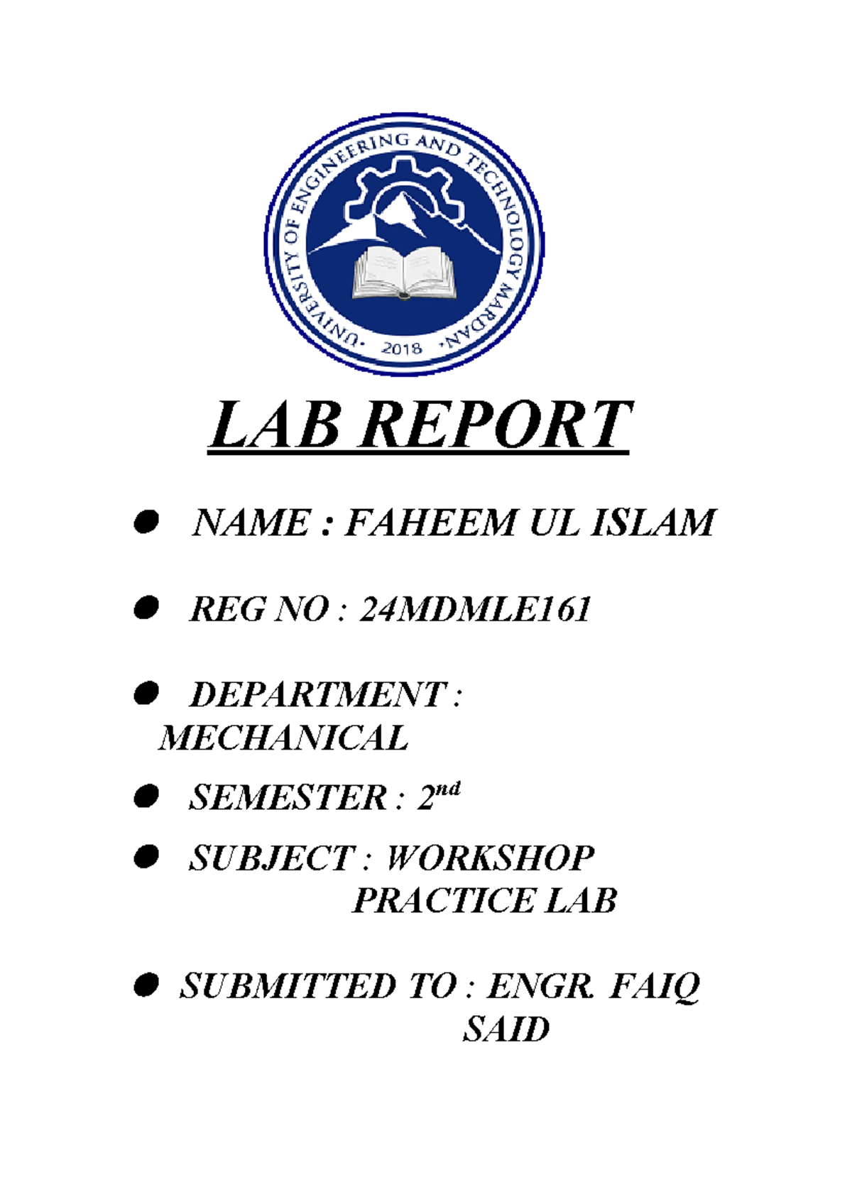 Faheem LAB Report - i am student of mechanical - LAB REPORT NAME ...