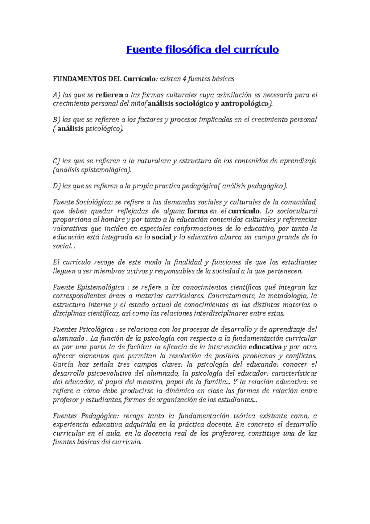 Fuentes Filosóficas del Currículo: Análisis y Enfoques Teóricos - Studocu