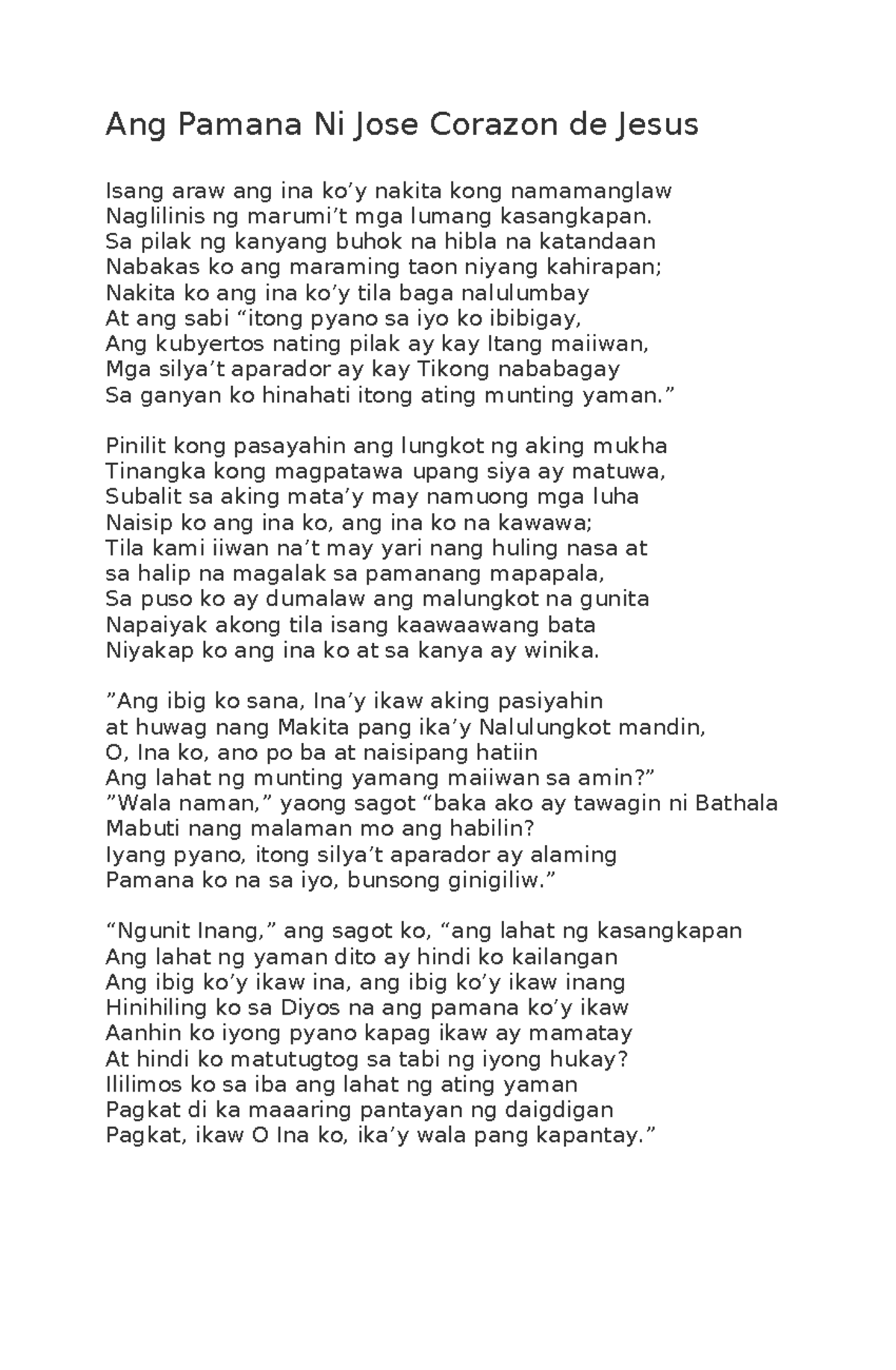 Ang Pamana: Isang Pagsusuri sa Tula ni Jose Corazon de Jesus - Studocu