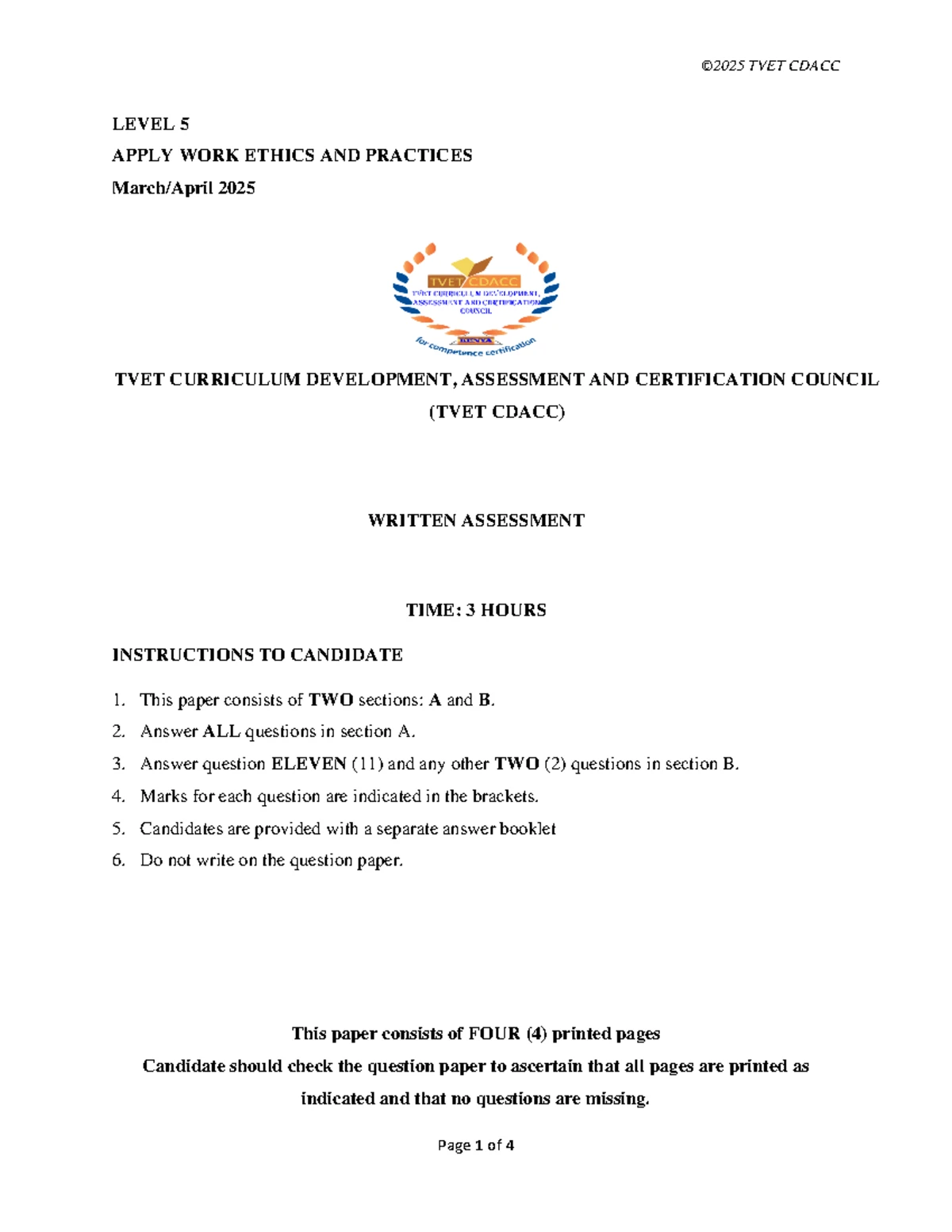 Work Ethics and Practices Assessment - TVET Level 6 (2025) - Studocu