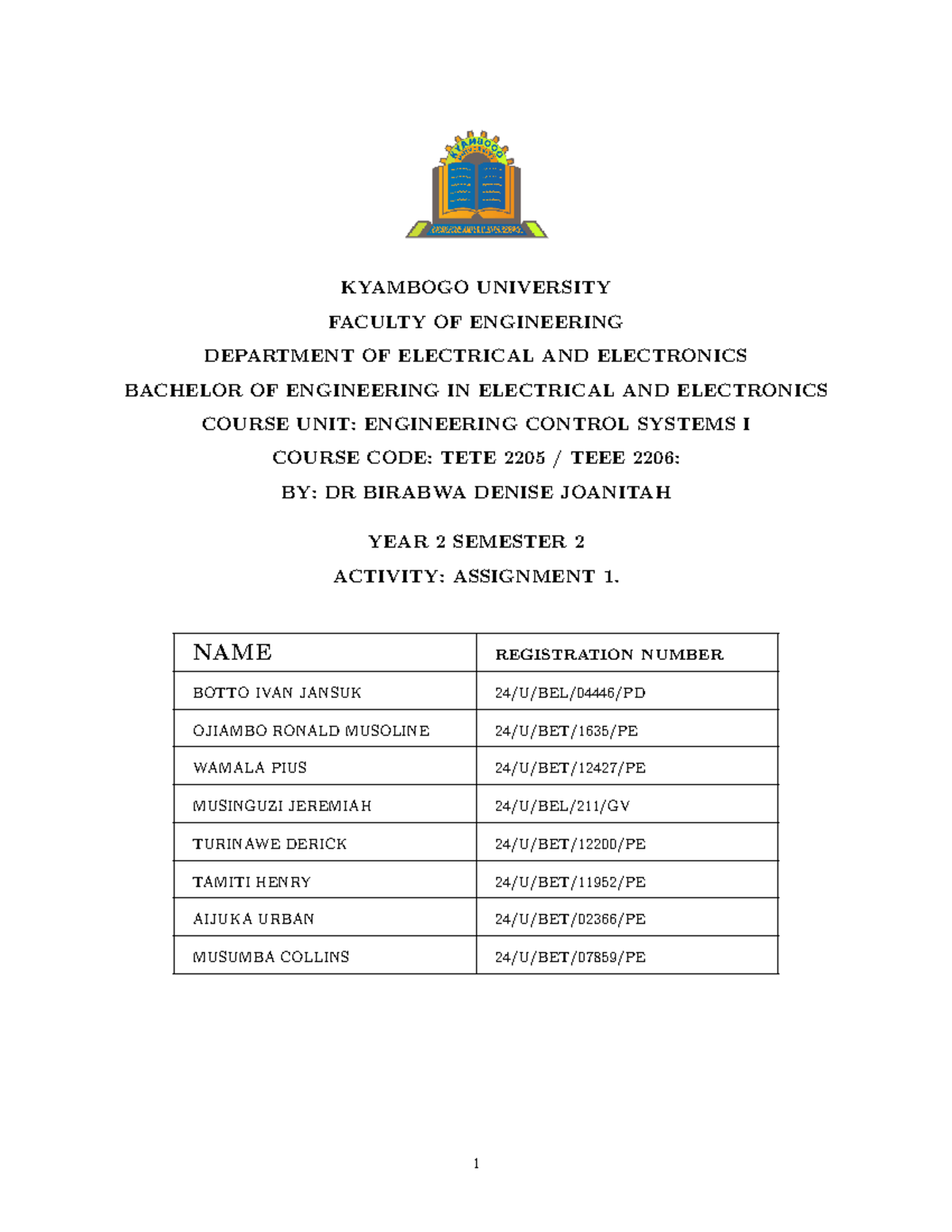 Engineering Control Systems I (TETE 2205) Assignment 1 Overview - Studocu