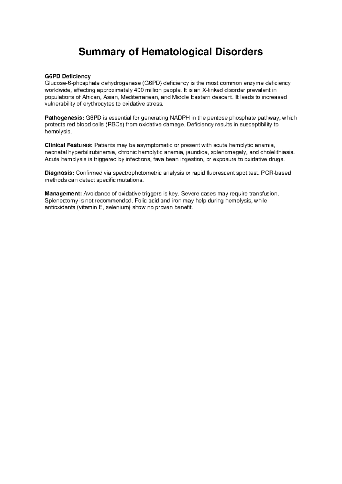 Summary of Hematological Disorders: G6PD Deficiency & HS - Studocu