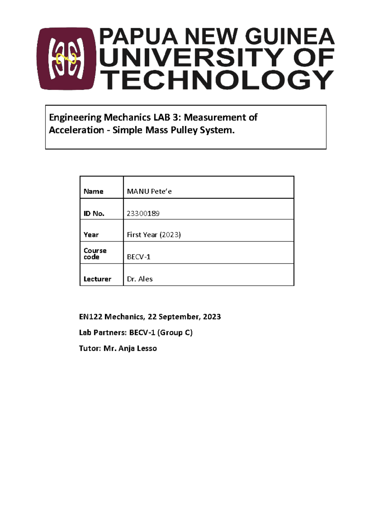 Lab 3: Measuring Acceleration in a Simple Mass Pulley System (BECV-1 ...